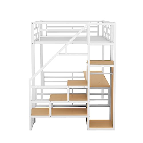 CITYLIGHT Full Size Loft Bed with Staircase and Desk, Metal Loft Bed Frame with Wardrobe and Storage Shelves, Full Loft Bed with Desk for Kids, Teens, Boys & Girls (Full, White)