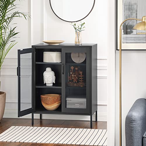 SONGMICS Metal Storage Cabinet with Mesh Doors, Multipurpose Storage Rack, 3-Tier Office Cabinet, Max. Load Capacity 55 lb per Tier, Black UOMC002B01