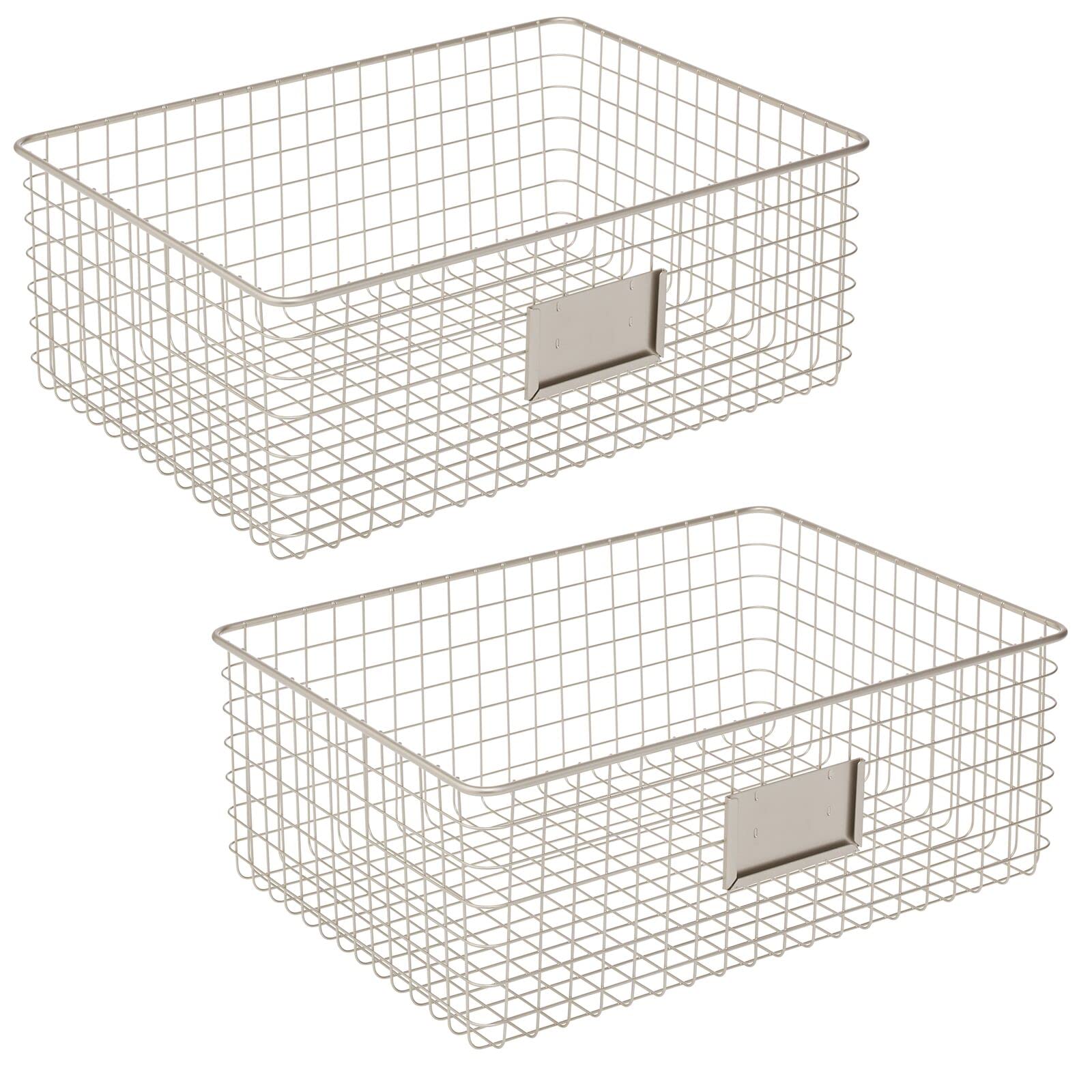 mDesign Wide Steel Wired Storage Organizer Bin Baskets with Label Slot for Kitchen Pantry, Cabinet, Organizing Holder for Food, Drinks, Snacks, Produce, Omaha Collection, 2 Pack, Satin
