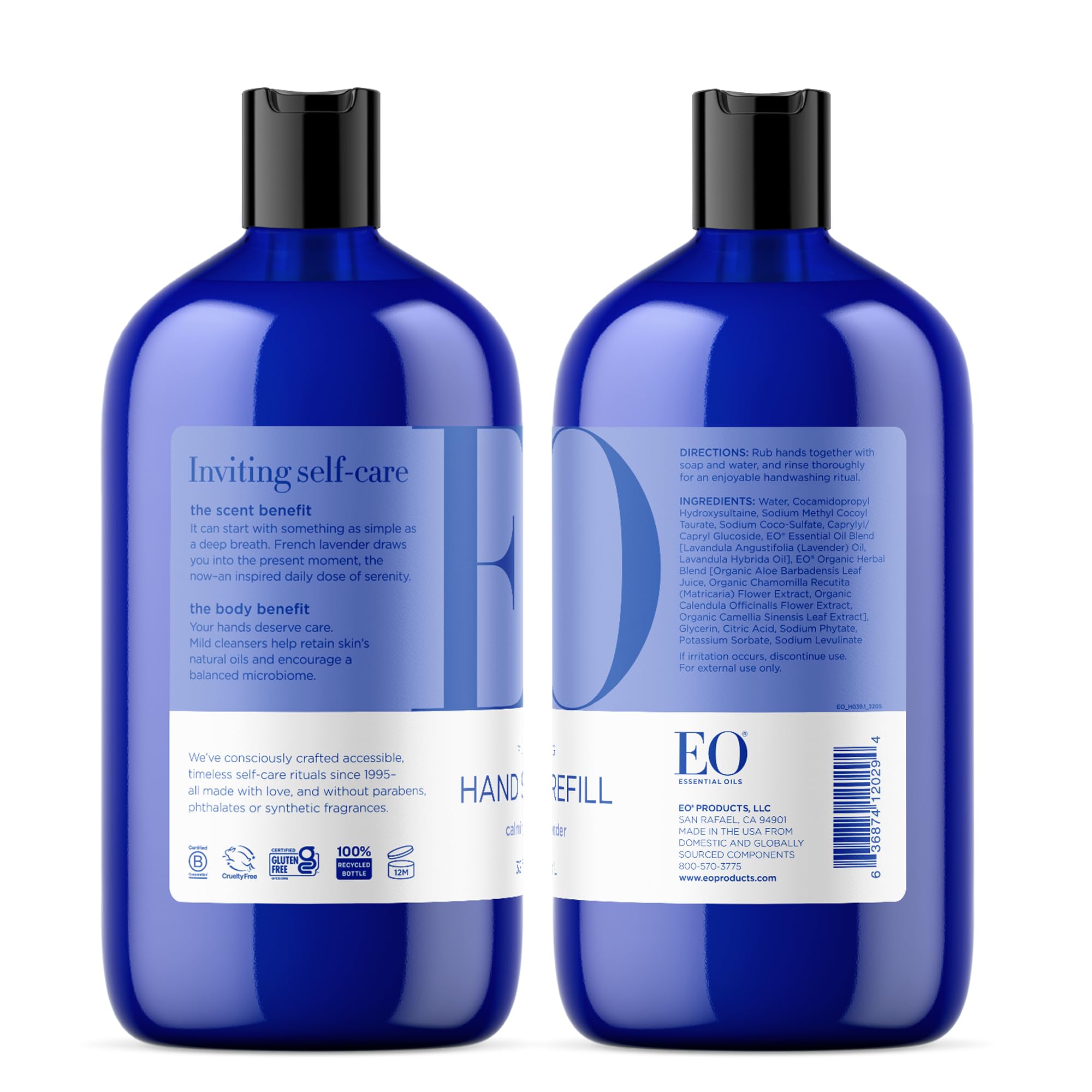EO Liquid Hand Soap Refill, 32 Ounce (Pack of 2), French Lavender, Organic Plant-Based Gentle Cleanser with Pure Essential Oils