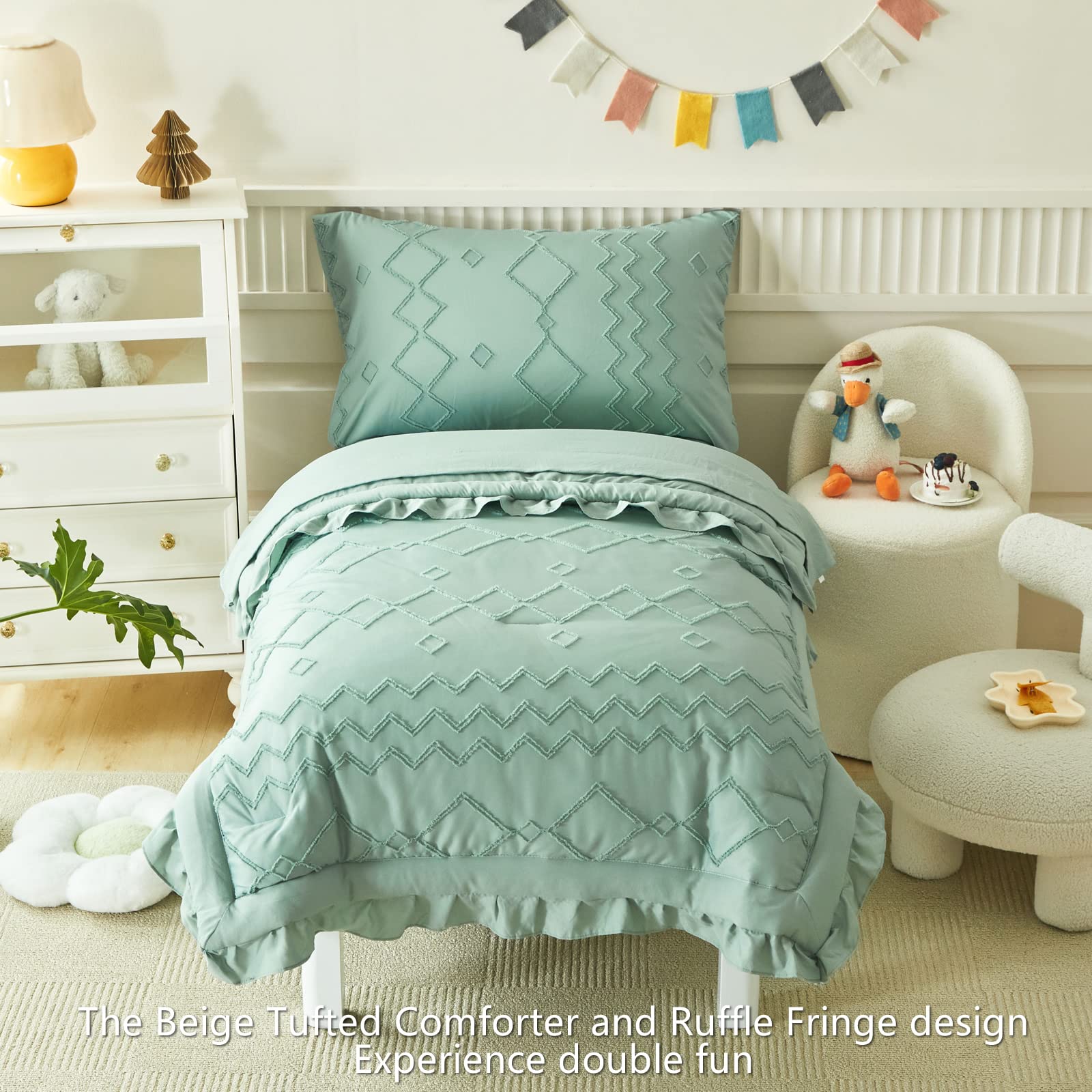 AIKASY Toddler Bedding Set 4 Pieces Super Soft Comforter Set, Shabby Boho Bohemian Design for Boys and Girls(Ruffle Fringe Comforter, Flat Sheet, Fitted Sheet and Pillowcase)- Green
