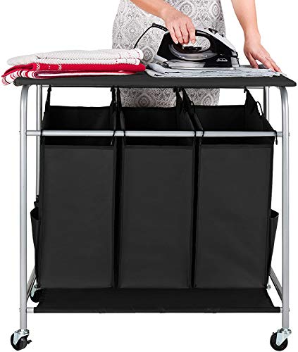 JINAMART 3 Section Laundry Sorter with Ironing board, Rolling Laundry Hamper cart, Removable Bag Sorter Basket with 4 side pockets, Laundry Organization Bins for Bedroom & Bathroom (Black)