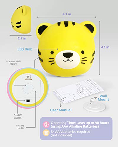 SomeShine Kids Night Light - Detachable Tiger Wall and Desk Kawaii Lamp with Mount, Touch Operation, 1 Hour Auto-Off Timer, and Adjustable Brightness, Safe and Durable Nursery Night Light for Kids