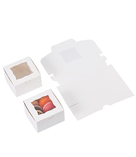 Bekoetoz 100Pcs Paper Cookie Boxes With Window Small Bakery Boxes 4x4x2.5 Inches Mini Cake Boxes For Pastries,Cupcakes,Desserts,Donuts,Chocolate Strawberries,Candy,Treat Boxes(4 * 4 * 2.5,White)