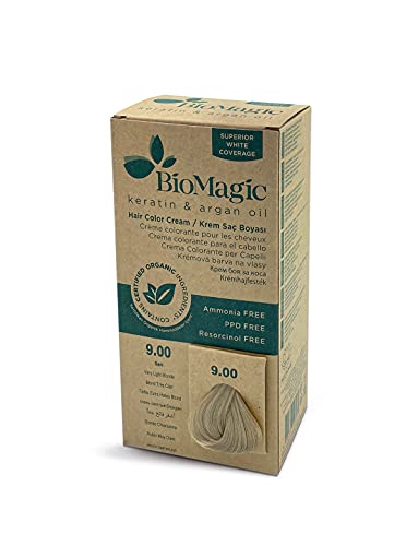 BioMagic Permanent Hair Color, Keratin & Argan Oil Line, Ammonia FREE Hair Dye, Contains Certified Organic Ingredients, Hair Coloring for a Natural Look (9.00 Very Light Blonde)