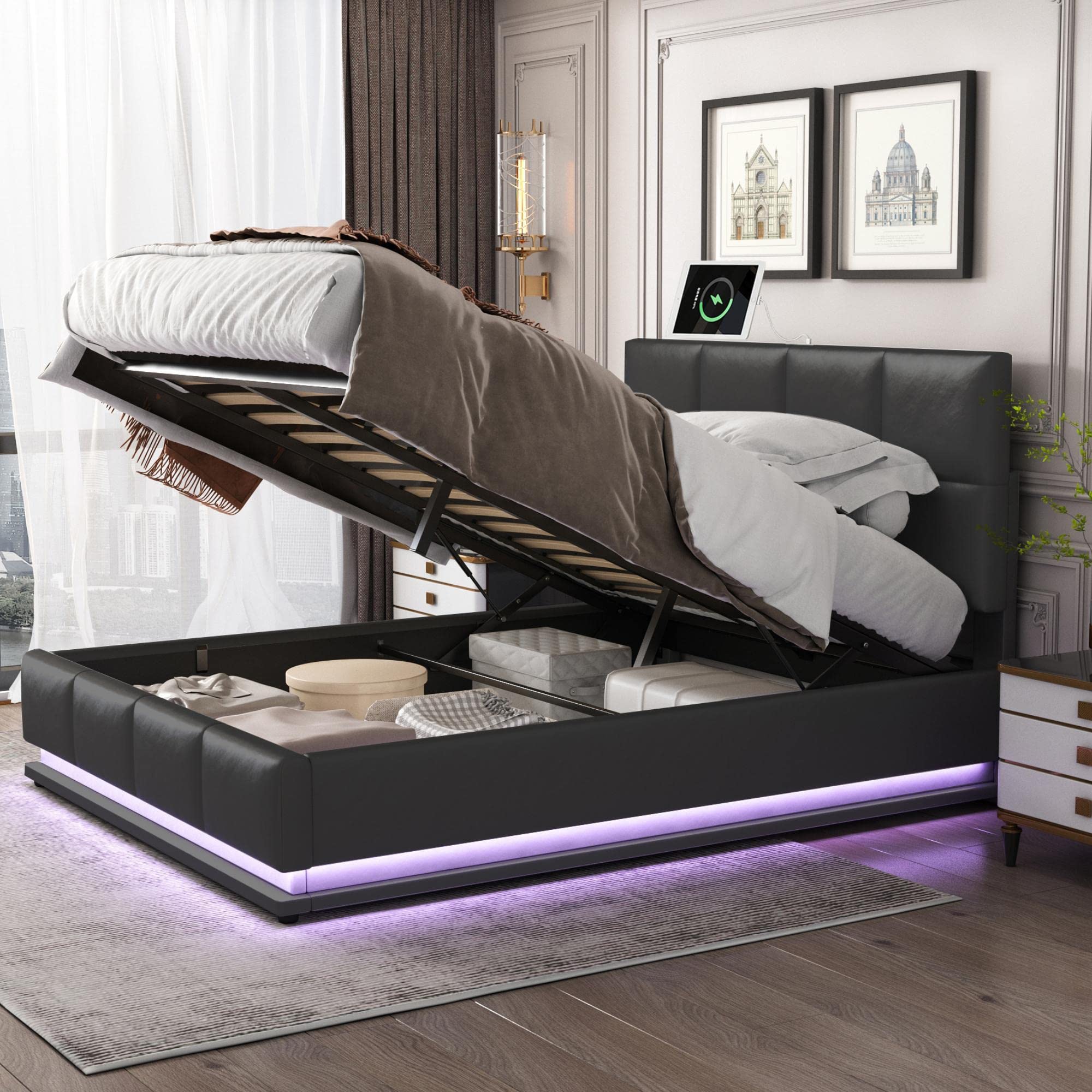 Harper & Bright Designs Queen Platform Bed with Lift Up Storage,Velvet Upholstered Queen Storage Bed Frame with Headboard & Slats Support,No Box Spring Needed,Beige
