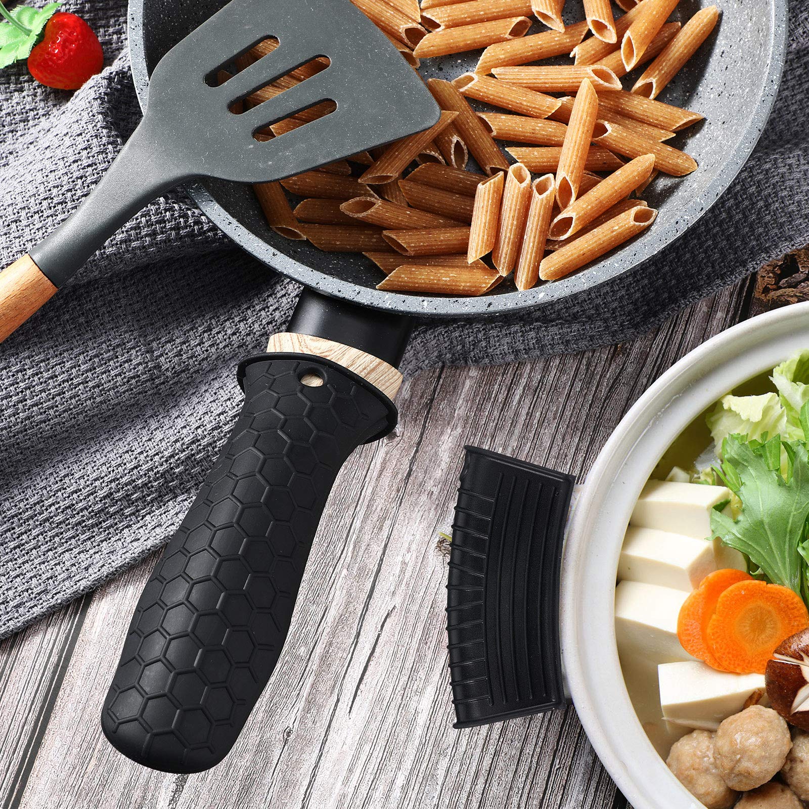 8 Pieces Silicone Hot Handle Holder Non Slip Pot Holders Cover Assist Hot Pan Handle Rubber Heat Resistant Pot Sleeve Grip Cookware Handle for Frying Cast Iron Skillet Metal Pan (Black)