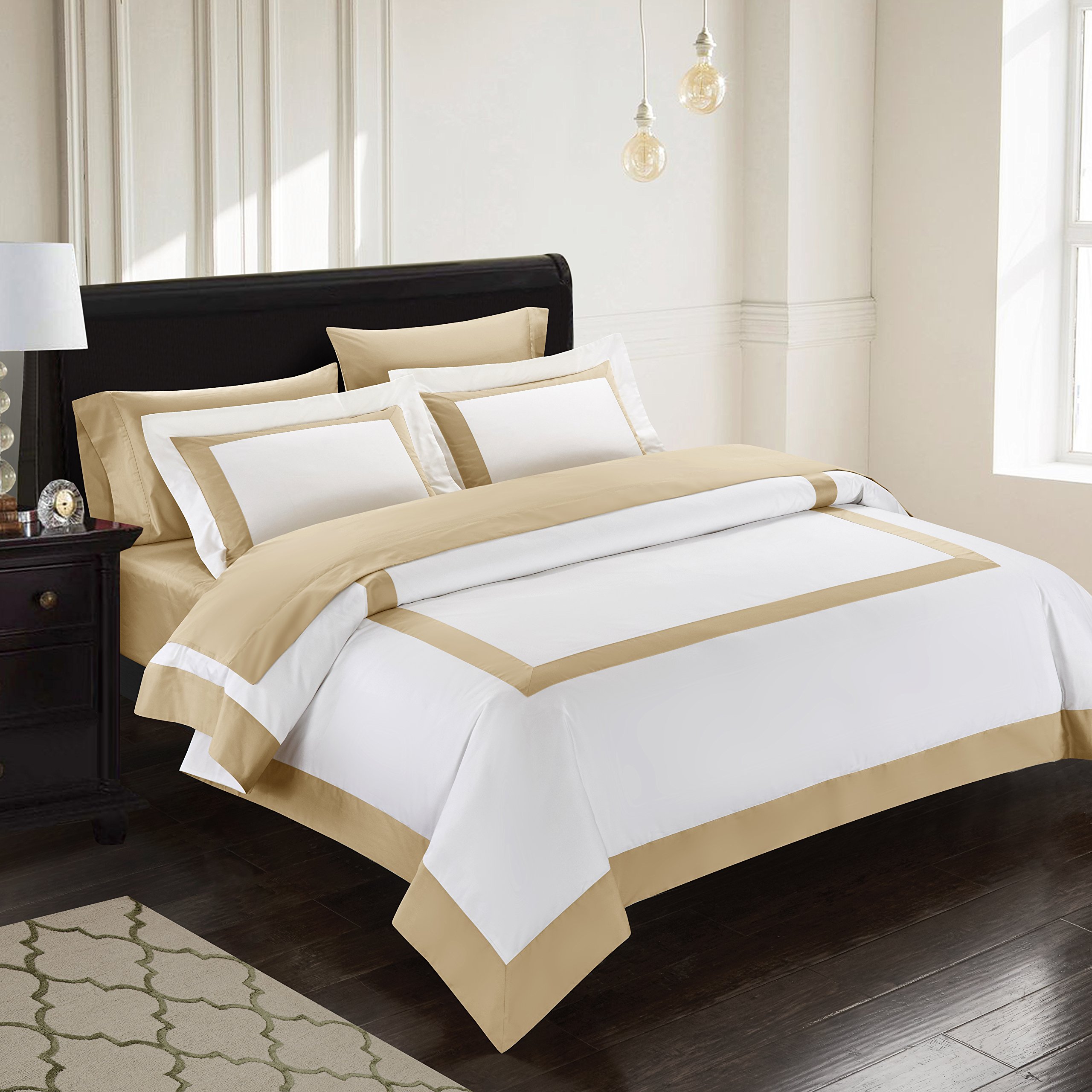 Bicolore Collection Duvet Covers Set 3 Pieces Do Not Include Filling ClassIC European 100% Egyptian Cotton Sateen Luxury 400 Thread Count Frame Patchwork Manufacturing(White/Beige,King)