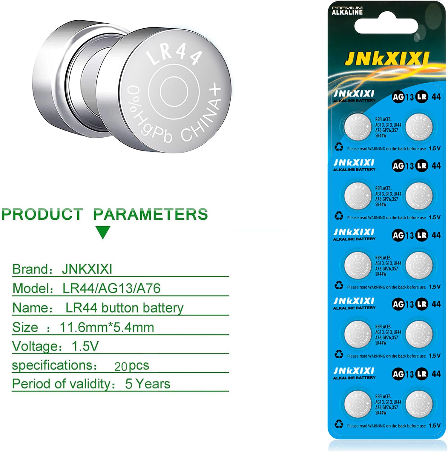 JNKXIXI 20 Pack LR44 Lr 44b l1154c AG13 SR44 Batteries A76 357 303 1154 1.5 Volt Ornament Batteries Button Coin Cell Battery