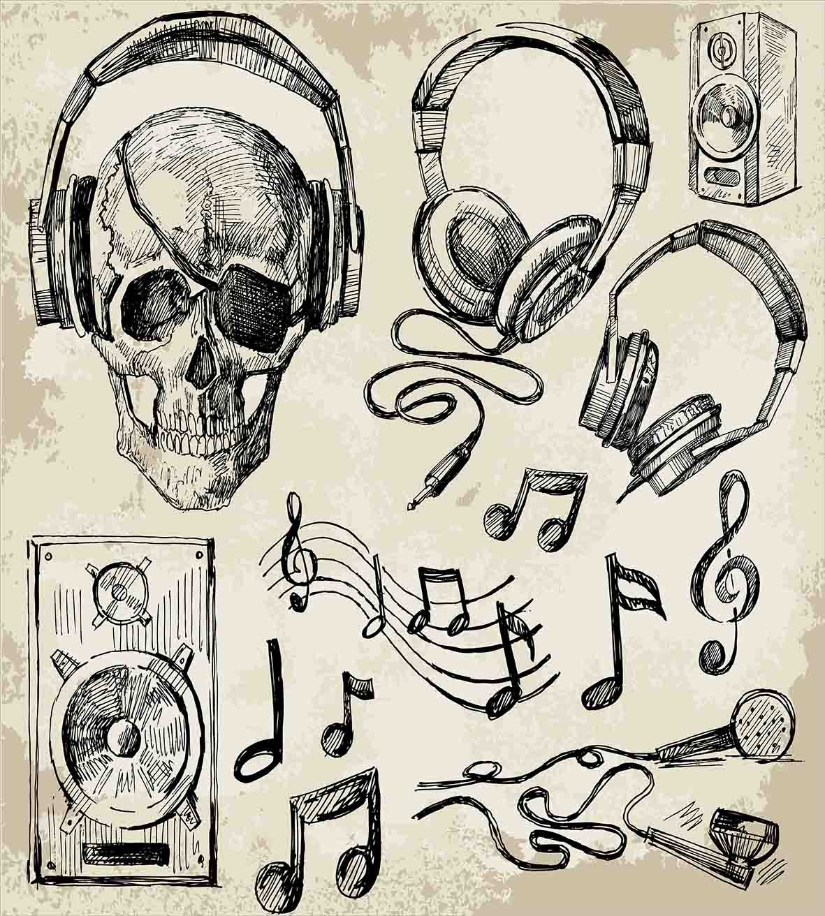 Ambesonne Music Duvet Cover Set, Sketchy Background Hipster Skull Headphones Record Player Mic Speakers Print, Decorative 3 Piece Bedding Set with 2 Pillow Shams, Queen Size, Beige Black