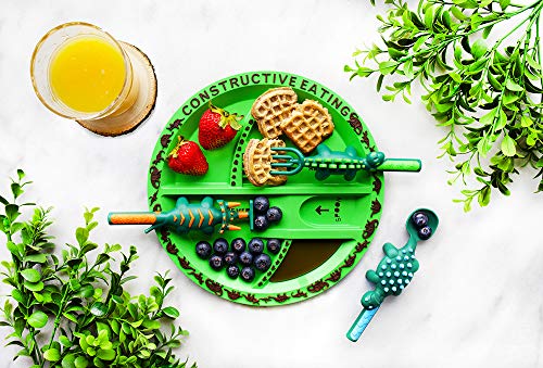 Constructive Eating Plate and Utensils Set Dinosaur - Made in USA - Toddler Dinnerware, Kids Dinnerware and Utensils Set for Ages 1-3, Toddler Utensils 2 and 3 Year Old, Divided Toddler Plates
