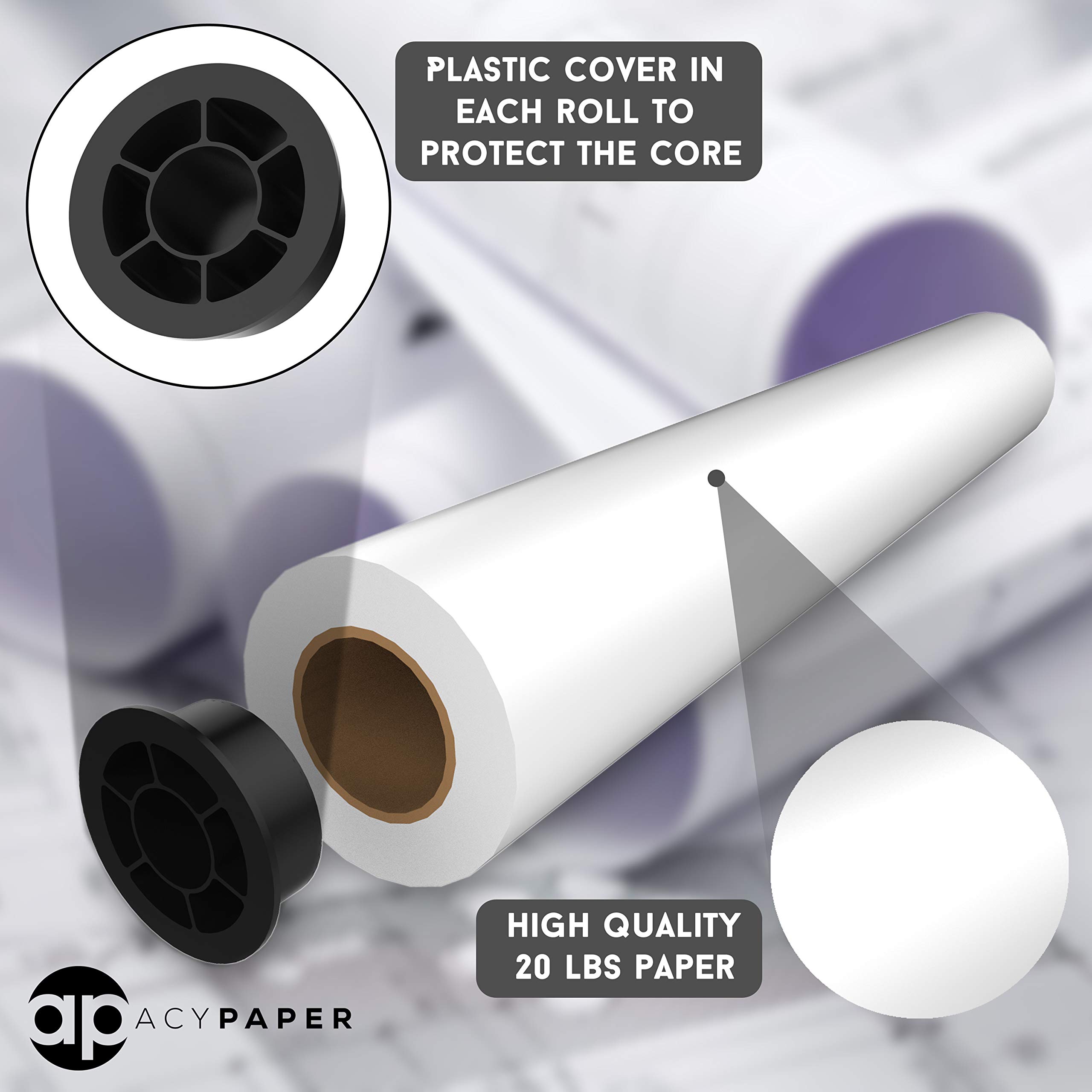 8 ROLLS VALUE PACK. Plotter Paper 24 x 150, CAD Paper Rolls, 20 lb. Bond Paper on 2" Core for CAD Printing on Wide Format Ink Jet Printers, from ACYPAPER