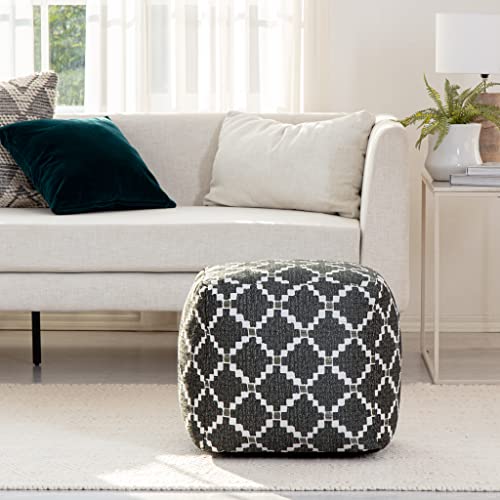 Anji Mountain Square Outdoor Pouf, Deschutes Green, 18" x 18" x 18",Green/Ivory