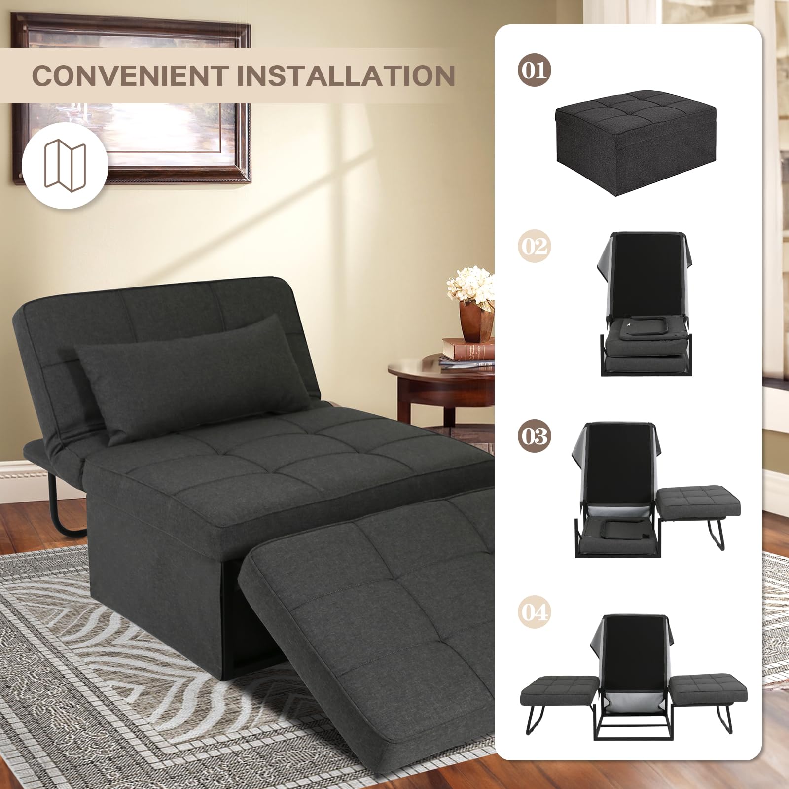 IJIALIFE Ottoman Sofa Folding Sofa Bed(No Installation Required), 4 in-1 Sleeper Chair Bed Multi-Function Folding Convertible Couch Chair Ottoman Bed for Apartment, Small Space,36” Width(Gray)