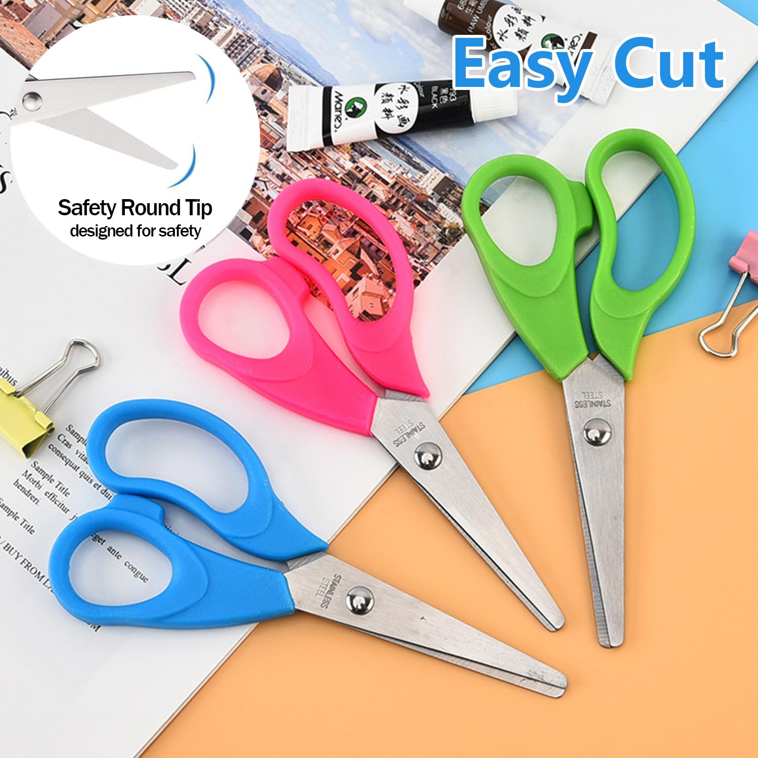 ANJOBIBI Kids Scissors, Blunt-Tip Scissors Stainless Steel Blades & plastic handle, Scissors for School or Crafting, Back to School Supplies,13.5cm, 2 Pack(Blue+Pink)