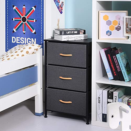 ROMOON Nightstand Chest with 3 Fabric Drawers, Bedside Furniture,Lightweight Accent Table, Storage Drawer Unit with Wood Top Fabric Bins for Bedroom, College Dorm, Closets,Nursery - Dark Gray
