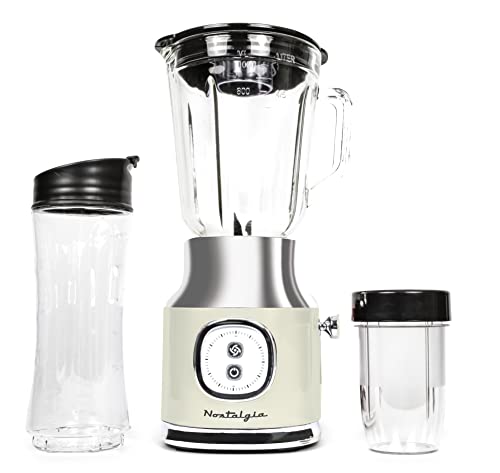 Classic Retro Electric Pulse Blender, 1 Liter Glass Pitcher, Includes Tritan Personal Travel Bottle With Lid And Storage Container, High Power 300 Watts Crushes And Pulverizes Ice Cubes