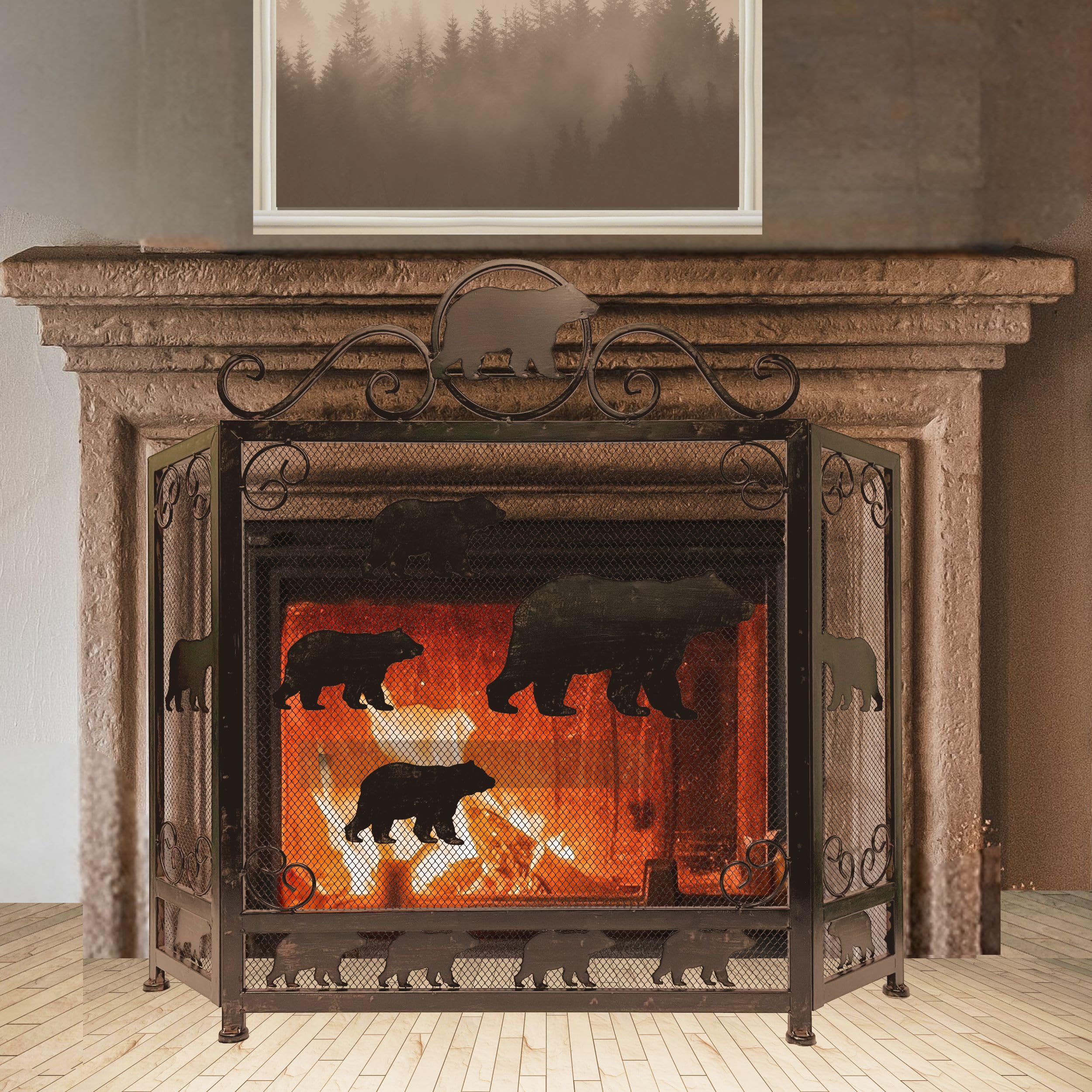 BestGiftEver 3-Panel Fireplace Screen Decorative with Sloth of Bears Design - Stand Alone Fireplace Cover Metal Mesh Screen - Home Decorative Firescreen for Cabin, Wildlife, and Woodland Theme