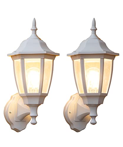 FUDESY Outdoor Wall Lantern, Exterior Waterproof Wall Sconce Light Fixture, White Front Porch Light Wall Mount for Garage, Patio, Yard, FDS2542EW (Bulb Included) 2-Pack