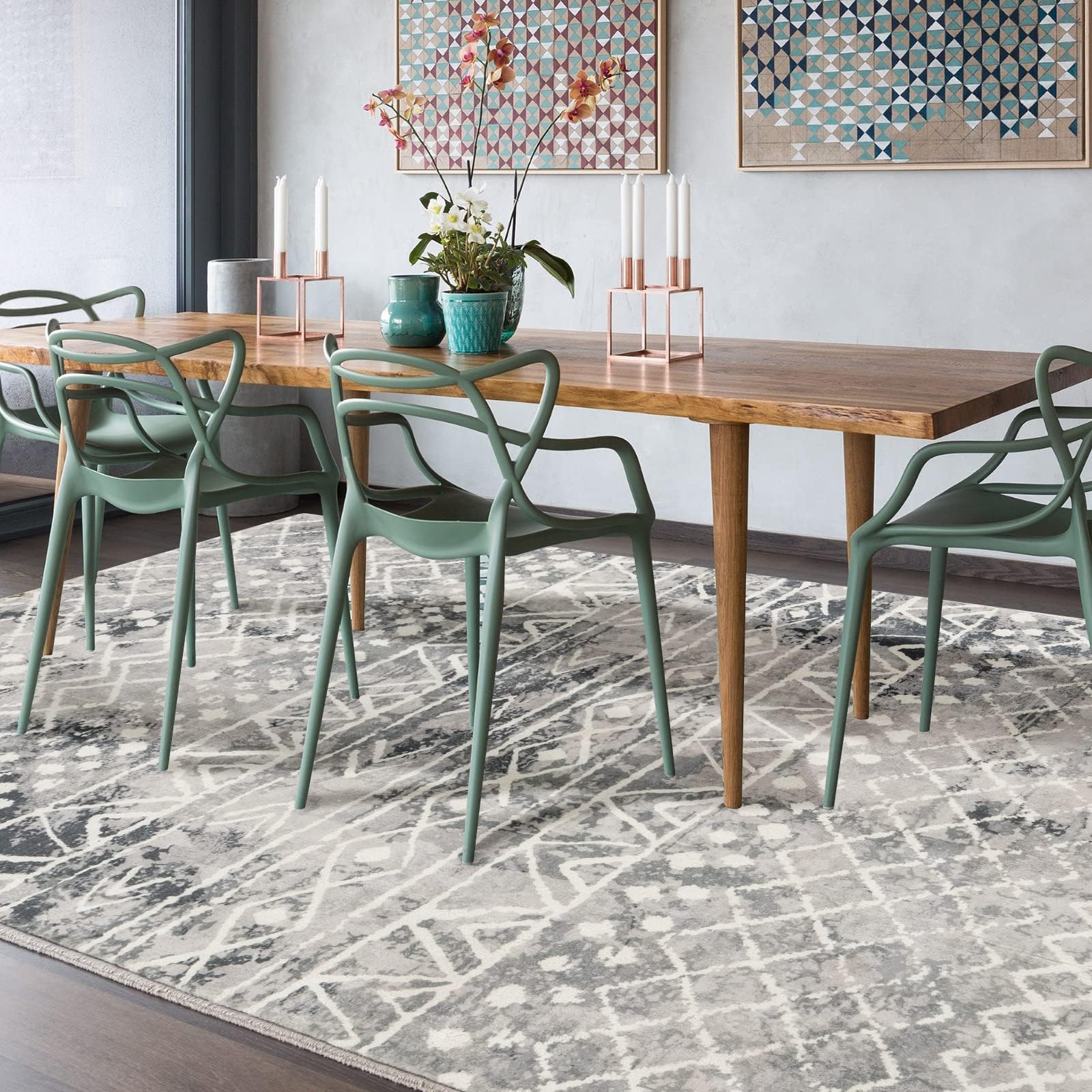 8x10 Washable Large Area Rug for Living Room Non Slip Boho Moroccan Bedroom Rug Indoor Farmhouse Geometric Floor Mat Soft Low Pile Woven Carpet for Classroom Office Under Dining Table(Gray)