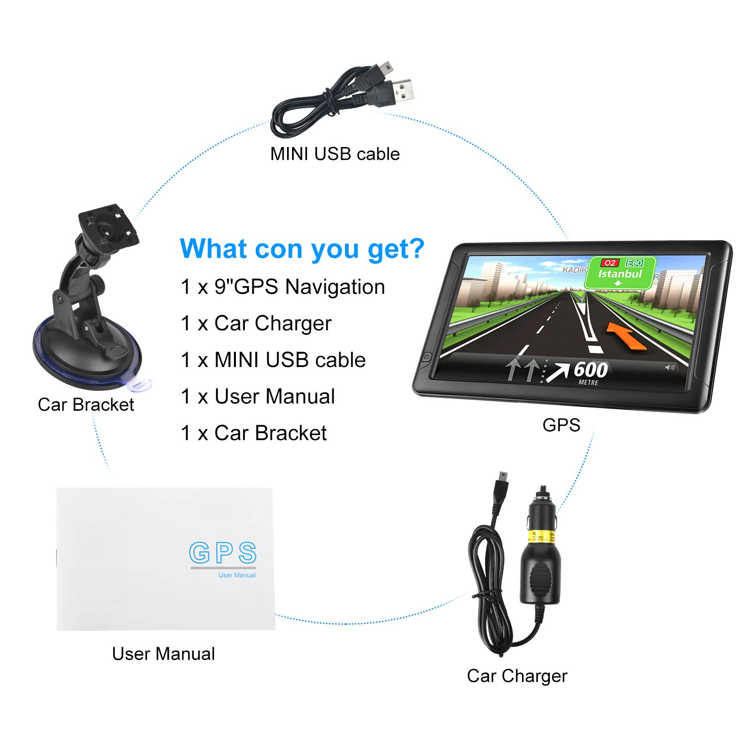 GPS Navigation for Car (9 Inch) Slimline Touch Screen Real Voice Direction ,USA Edition 2025 (Free Lifetime Updates) Turn-by-Turn Voice and Lane Guidance, Speed and Red Light Warning (American Brand)