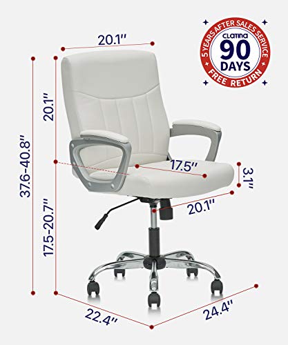 CLATINA Leather Office Executive Chair, Mid Back Computer Desk Chair with Lumbar Support and Padded Armrests, Ergonomic Adjustable Swivel Chair for Home, White