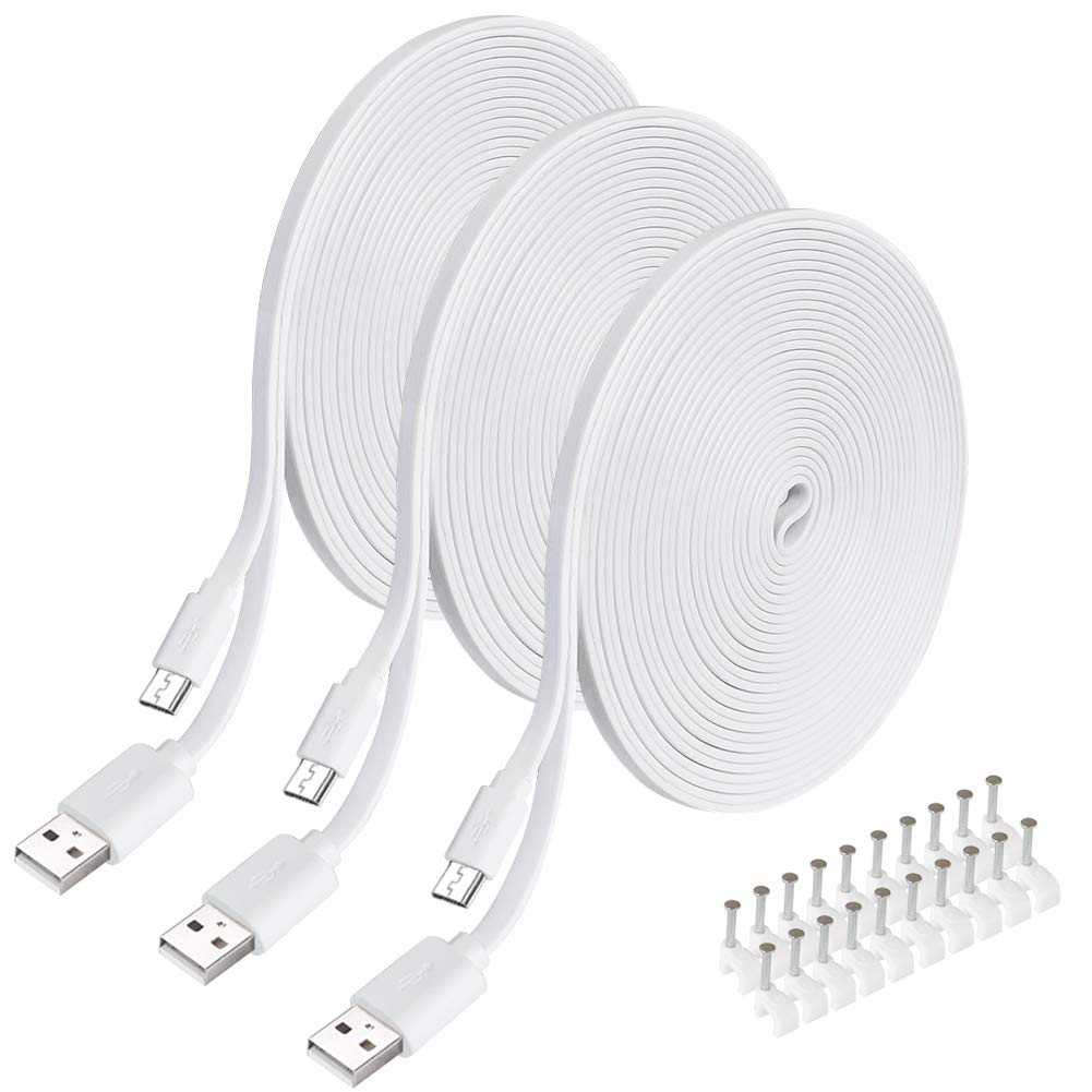 SIOCEN 3PCS 10FT Flat Micro USB Cable Power Extension Cord for Wyze Cam, WyzeCam Pan,Yi Cam,YI Dome Home Camera,Oculus Go,Kasa,Nest Cam,Netvue,Blink,Indoor Security Surveillance Camera Charging Cable