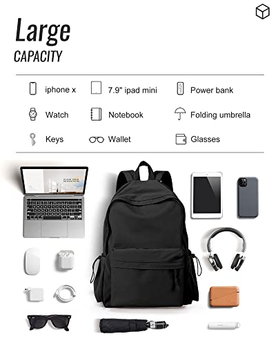 Black Backpack for Women Men, Waterproof High School Bookbag,Lightweight Casual Travel Daypack,Classic Basic College Backpack,Middle School Bag for Teen Girls Boys