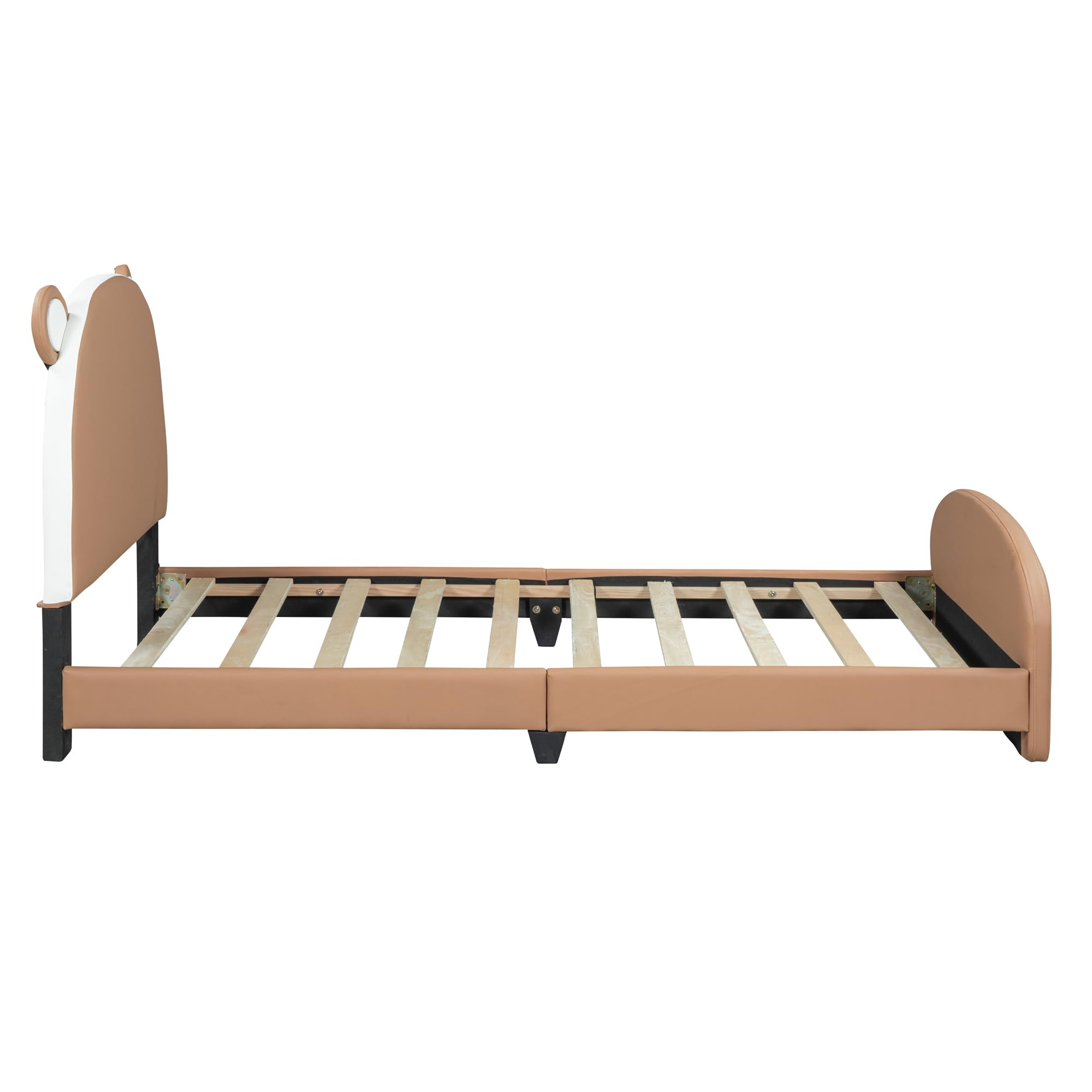 Cute Twin Size PU Leather Upholstered Platform Bed with Bear-Shaped Headboard and Footboard for Kids Boys Girls (Twin, Brown+White@Bear-Shaped)