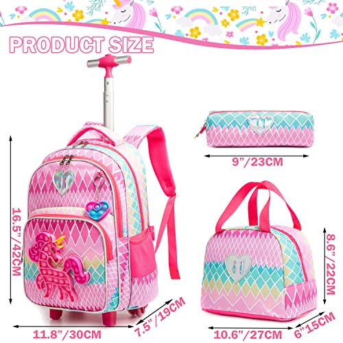 Meetbelify Cute Unicorn Rolling Backpack for Girls Backpacks with Wheels for Elementary Kids Pink Suitcase Set Travel Laptop Luggage for Girls Age 6-8