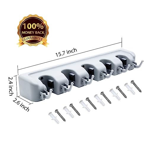 LETMY Broom Holder Wall Mounted - Mop and Broom Hanger Holder - Garage Storage Rack & Garden Tool Organizer - 5 Position 6 Hooks for Home, kitchen, Garden, Tools, Garage Organizing