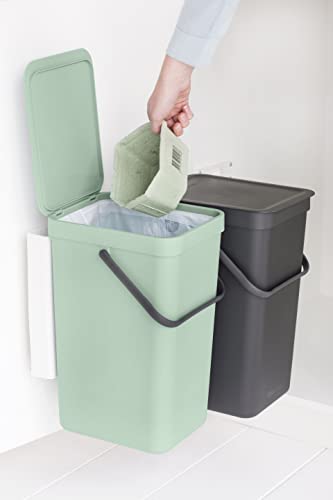 Brabantia Sort & Go Built-in Cupboard Recycling Cans (2 x 4.2 Gal/Dark Gray & Jade Green) Double Door Mounted Trash Organisers with Handles & Removable Lids
