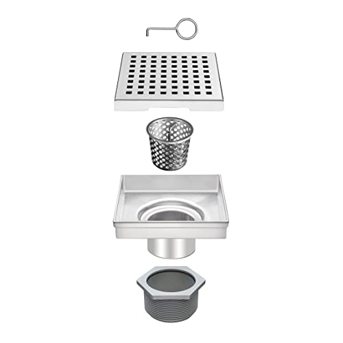 6 inch Square Shower Drain, Square Hole Pattern Shower Drain, Brushed 304 Stainless Steel Linear Drain with Leveling feet & Hair Strainer