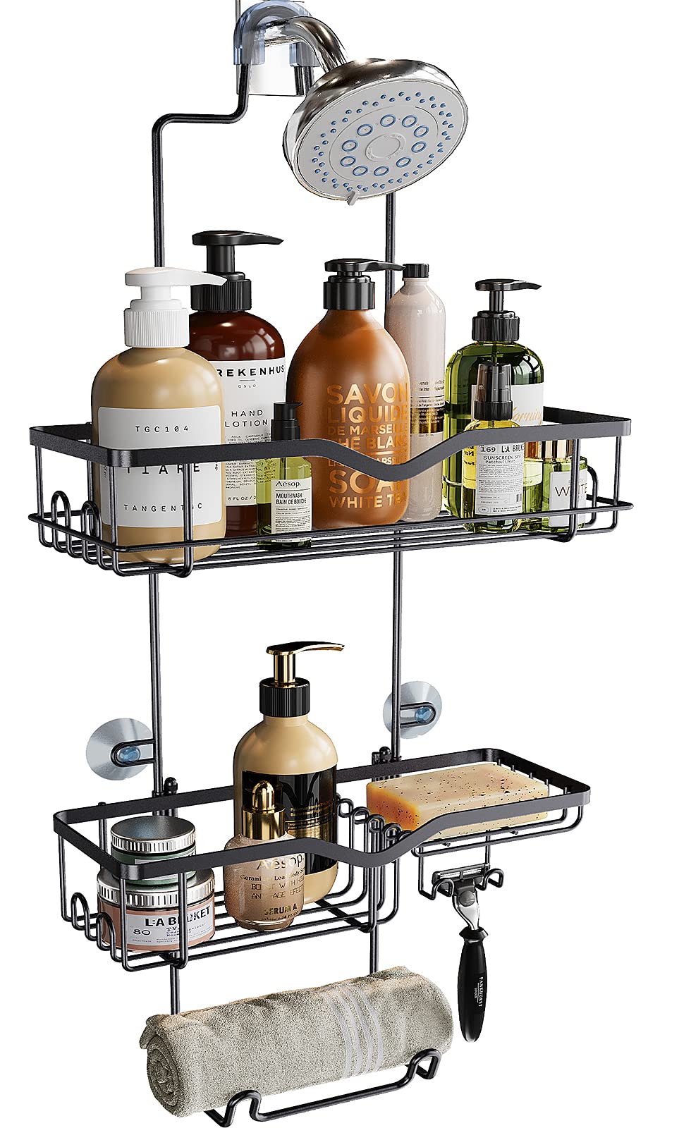 AMADA Hanging Shower Caddy, Shower Caddy Over Shower Head, Rustproof Stainless Steel Shower Organizer with Soap Holder & Hooks, Shower Rack for Shampoo, Sponges, Towels, No Drilling Required, Black