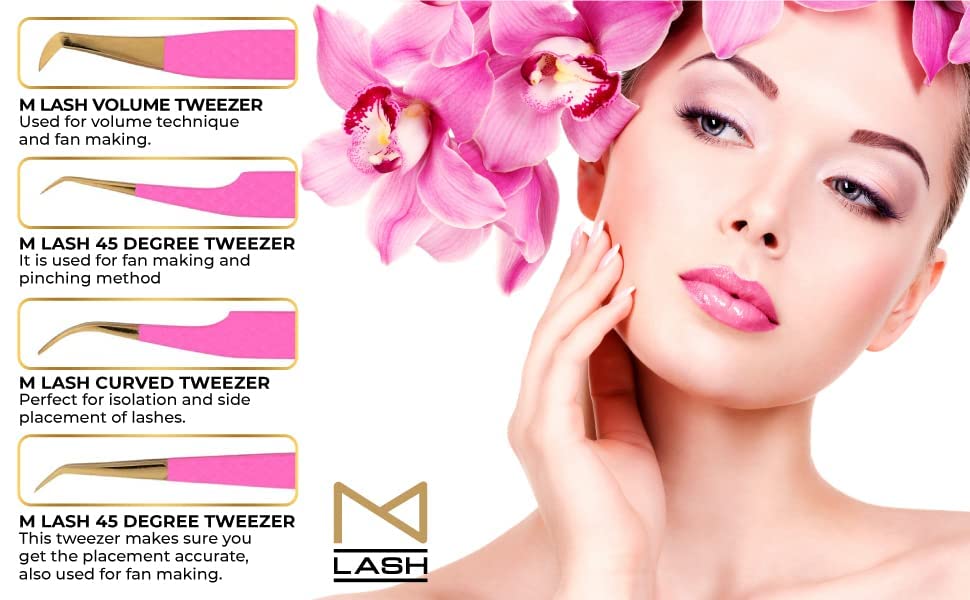 M LASH Tweezers for Eyelash Extensions (Set of 4) - Professional Lash Extension Tweezers - Fiber Tip, Japanese Steel, Diamond Grip Eyelash Extension Tweezer (Silver)