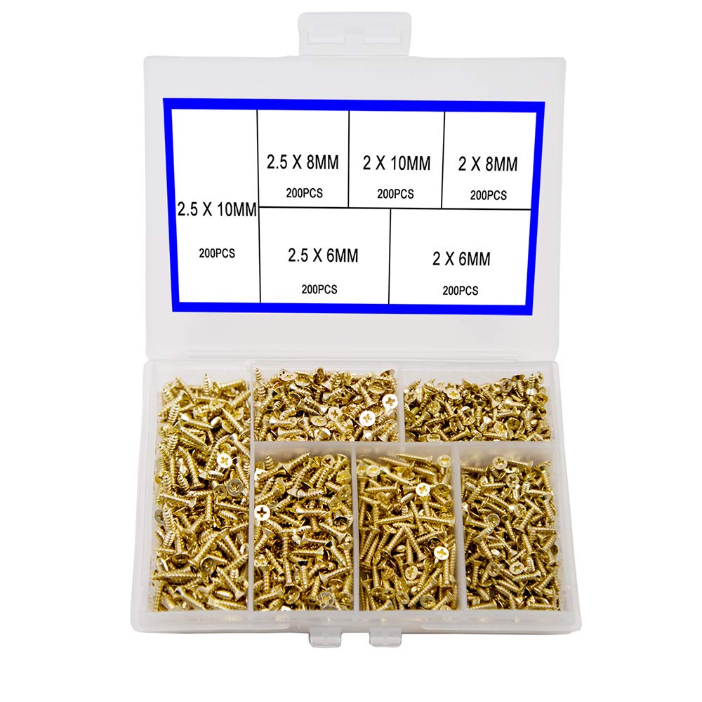 newlng 1200pcs Small Screws Phillips Flat Head Cross Self Tapping Tiny Screw Cabinet Electronic Accessories Screw Multifunctional DIY Micro Woodworking Mini Screw Set Gold