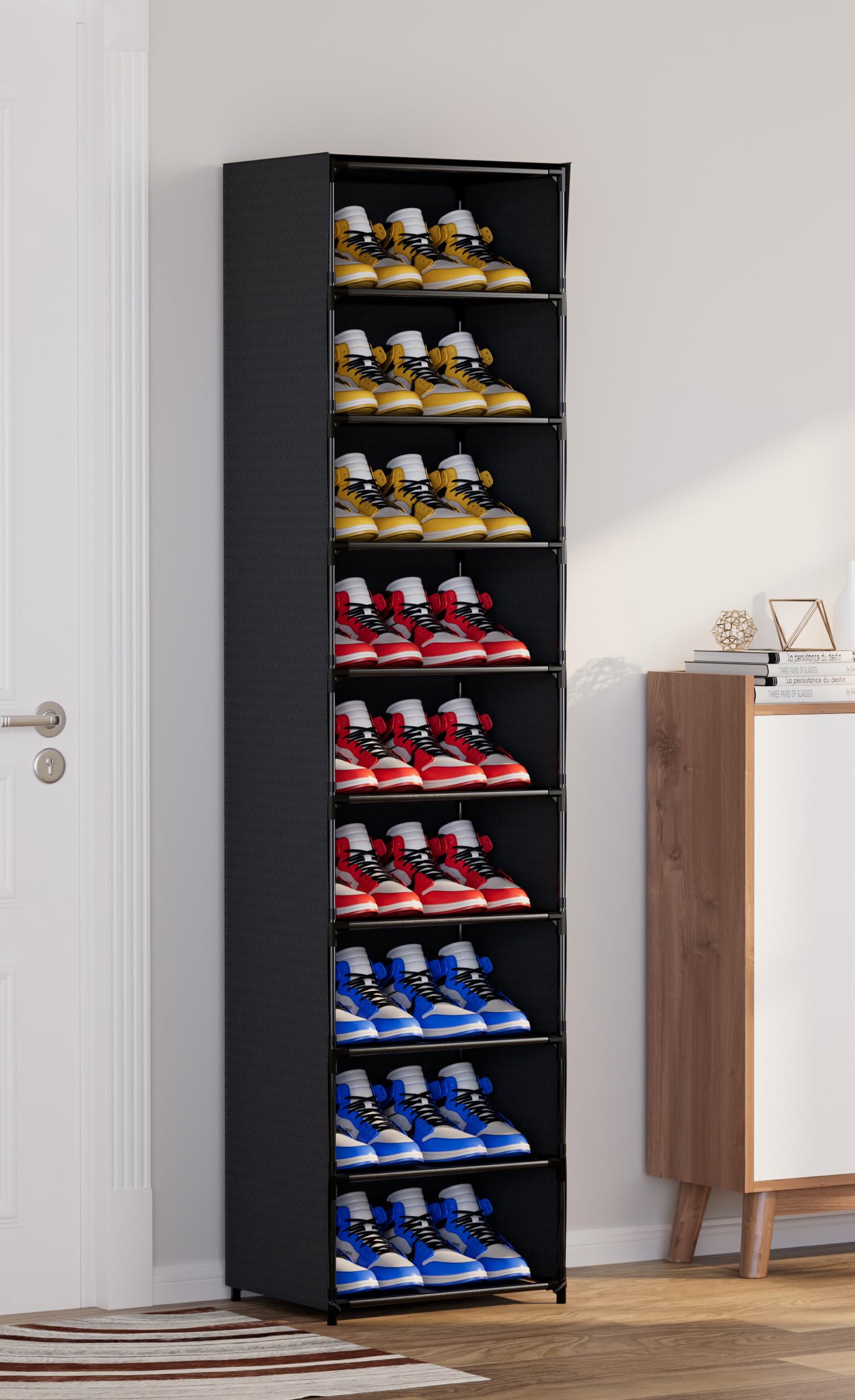 FIDUCIAL HOME 18 Pairs Shoe Cubby 9 Tiers Covered Shoe Rack Shelf Storage Organizer Tall Narrow Space Saving for Entryway Closet