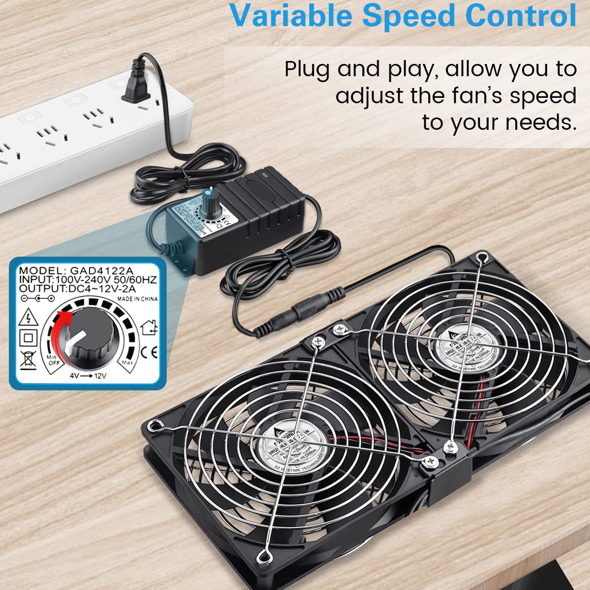 GDSTIME Big Airflow Dual 120mm Fans DC 12V Powered Fan with AC 110V - 240V Speed Control, Cabinet Chassis Cooling Fan, Server Workstation Cooling Fan