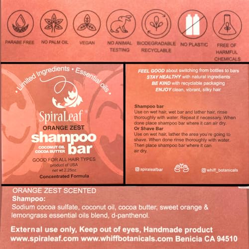 Spiraleaf Shampoo & Shave Bar, Sweet Orange & Lemongrass Essential Oils, Limited Ingredients, Concentrated Formula, USA Made (Orange Zest)