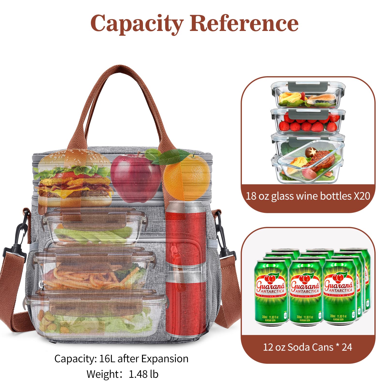BAGNN Lunch Box & Lunch Bag for Women Men, Large Insulated Adult Lunch Box Leakproof Lunchbox Cooler Bag for Work Picnic Beach,16L, Gray