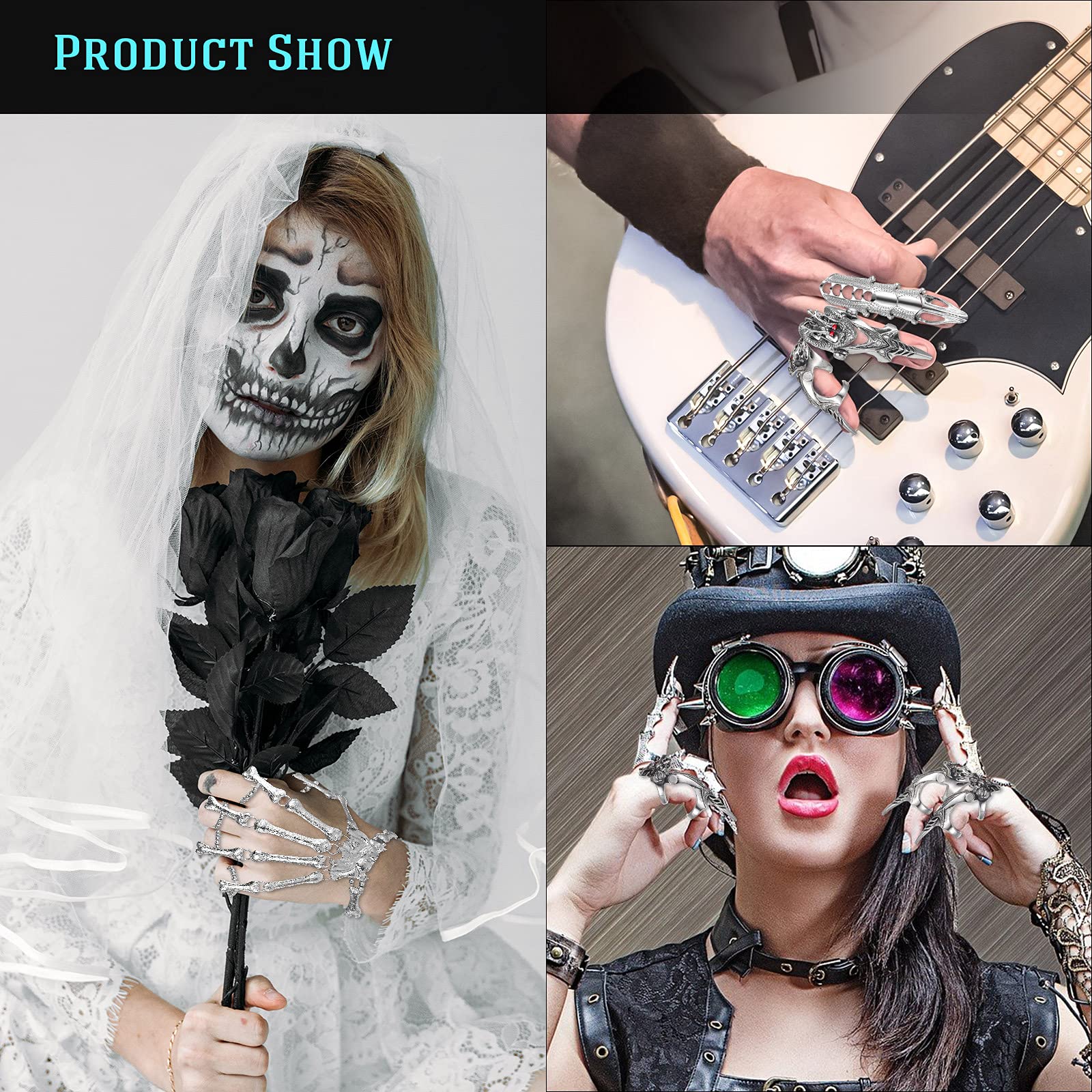 5 Pieces Full Finger Ring Punk Wristband Skull Fingers Hand Bracelet Skull Finger Skeleton Joint Bracelet Knuckle Full Ring for Halloween Accessories (Silver)