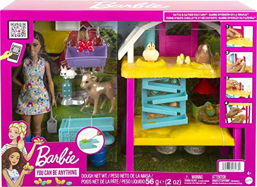 Barbie Doll & Playset, Hatch & Gather Egg Farm with Hatching Molds & Dough, Chicken Coop, 10 Animals & Accessories, Brunette Doll
