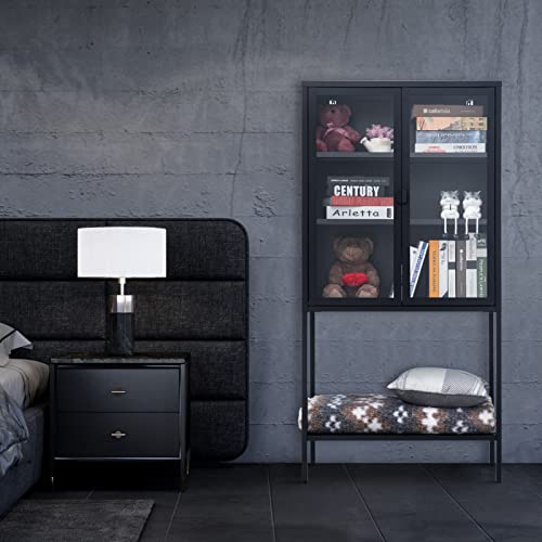 MATICO Metal Storage Cabinet, 59"(H) x30(L), Freestanding Pantry Locker, Accent Display Bookcase with Glass Doors, Modern Organizer Cupboard for Office, Living Room, Kitchen Console Sideboard, Black