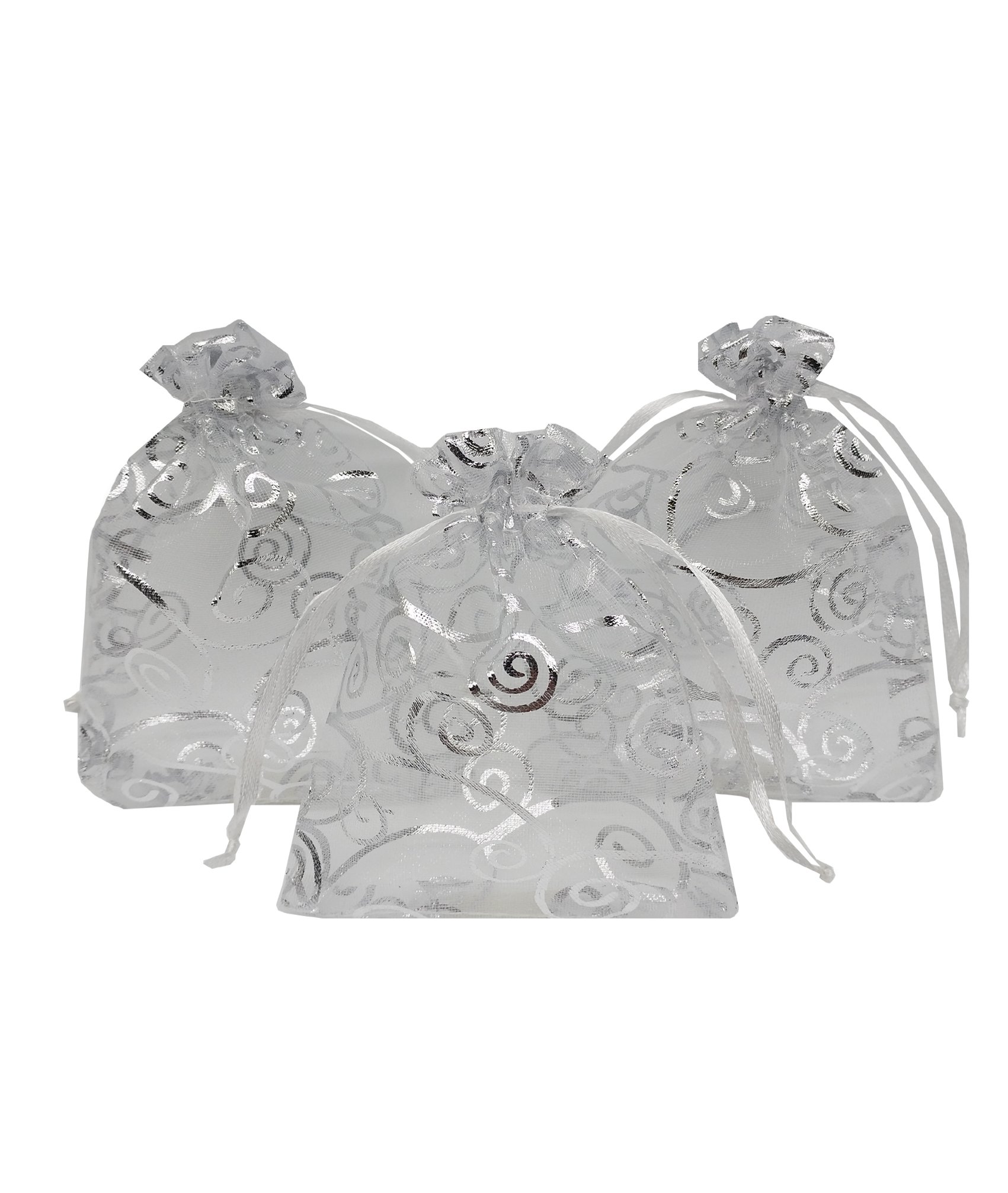 Ankirol 100pcs Sheer Organza Favor Bags For Wedding Baby Shower Rattan Print Gift Bags Samples Display Drawstring Pouches (3x4, silver)
