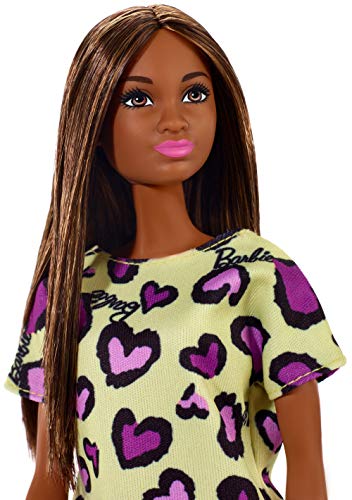 Barbie Doll, Brunette, Wearing Yellow and Purple Heart-Print Dress and Platform Sneakers, for 3 to 7 Year Olds
