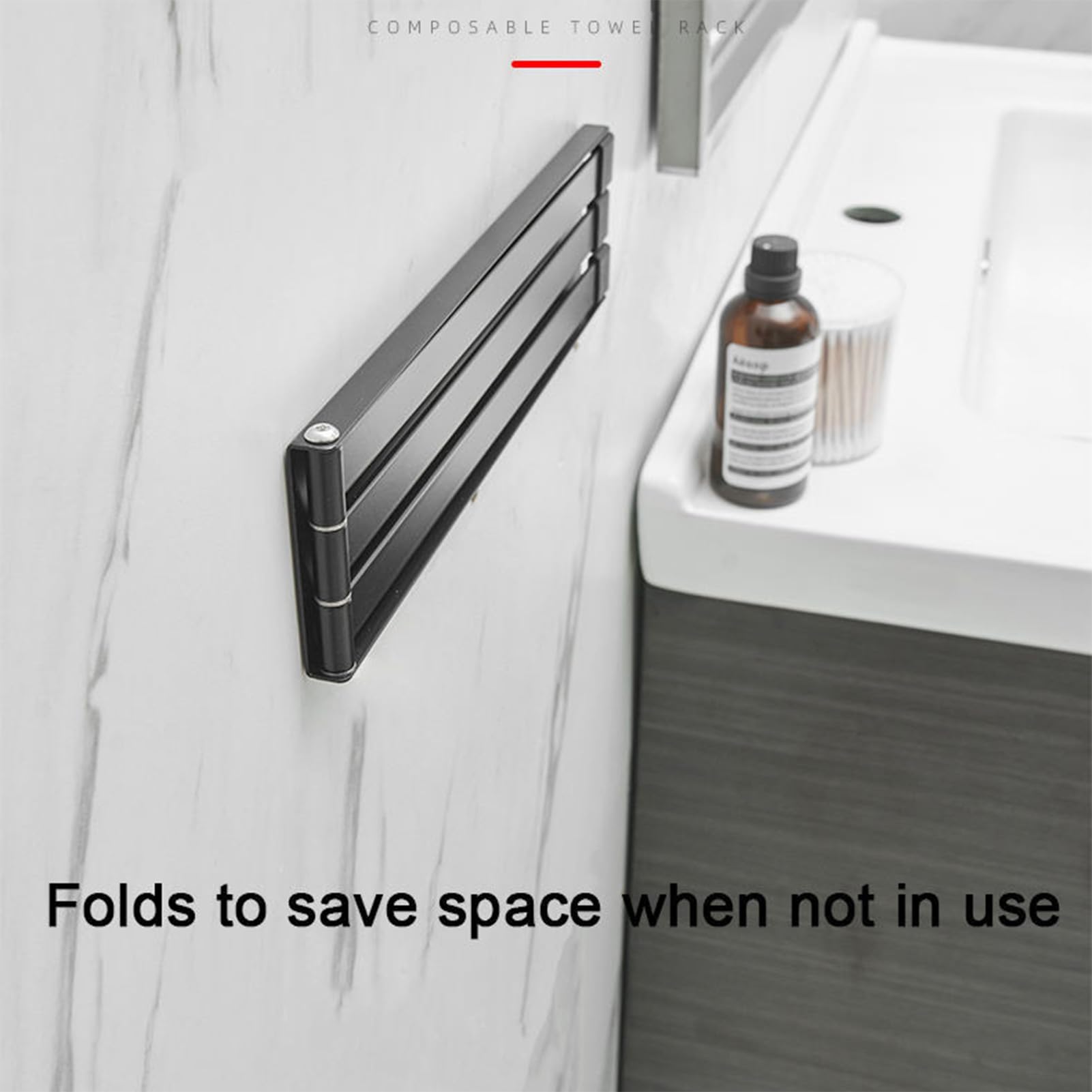RRXIMHTT Magnetic Towel Rail Wall Mounted Bathroom Folding Towel Drying Rack Kitchen Rag Hand Towel Storage Shelf Black