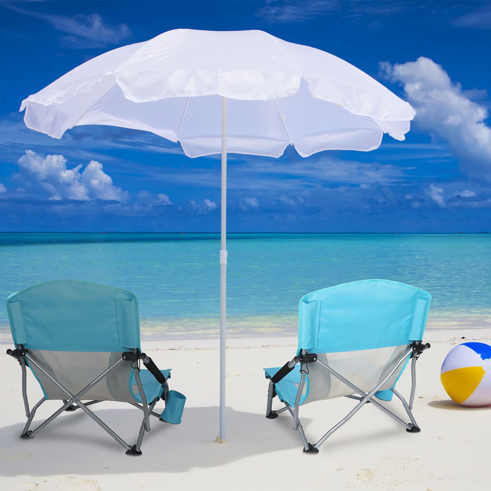 4 Pcs Beach Chairs for Adults Folding Beach Chairs Low Seat Camping Stool Mesh Back Beach Portable Chair with Cup Holder Carry Bag for Outdoor Lawn Picnic Beach Camping (Blue)