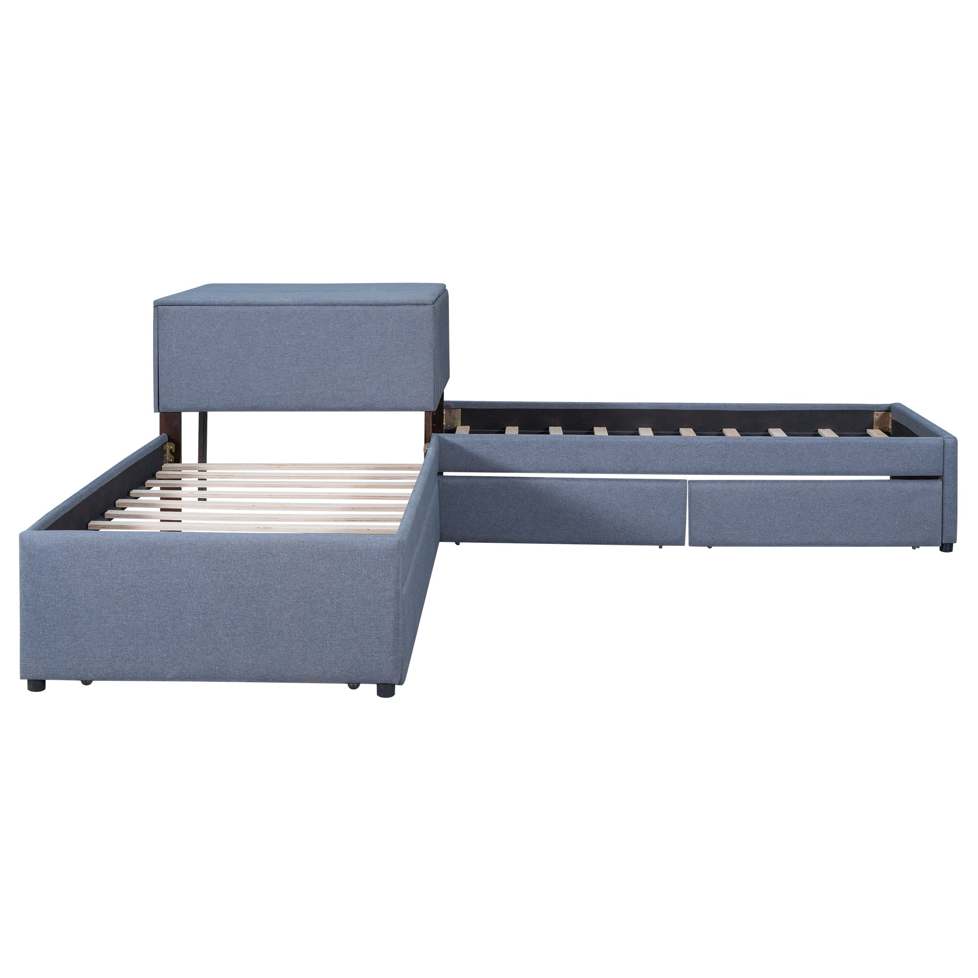 L Shaped Upholstered Platform Bed with Trundle and Two Drawers Linked with Built-in Desk, Solid Wood Bed Frame Twin Size (Twin, Gray)