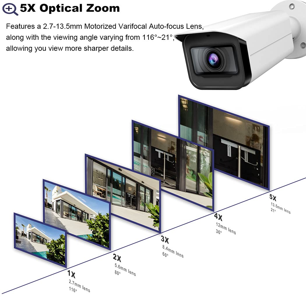 Starlight 8MP Poe Camera, 5X Optical Zoom with 196ft Night Vision, Audio Alarm in/Out Ports for Two-Way Audio Instant Alarm, SD Card Slot,WDR,IP67, 4K Security IP Camera(NO Logo)