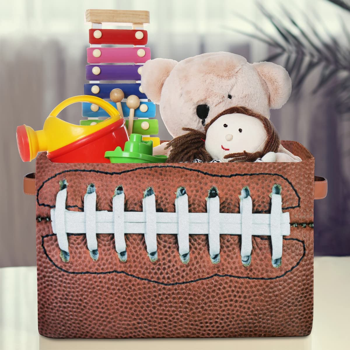 American Football Laces Storage Basket Cube Sport Ball Large Toys Storage Box Bin with Handle Collapsible Closet Shelf Cloth Organizer for Nursery Bedroom,15x11x9.5 in,1 Pack